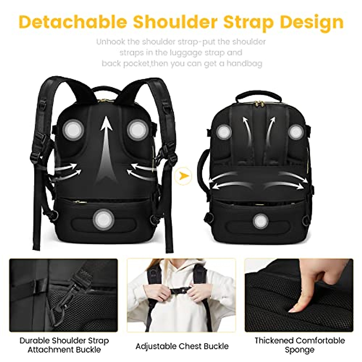 LOVEVOOK Large Travel Laptop Backpack for Women, 40L Carry On Backpack Flight Approved,Waterproof Suitcase Backpacks with 3 Packing Cubes, Daypack Business College Weekender Overnight Back Pack, Black