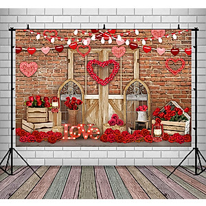 Lofaris Valentine's Day Party Backdrop for Photography Rustic Wood Door Brick Wall Red Heart Mother's Day Background Birthday Baby Shower Portrait Photo Booth Props 9x6ft