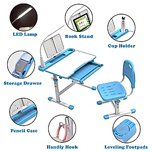 BELANITAS Kids Desk and Chair Set 5-8 Year Old, Height Adjustable Study Desk for Kids, Children’s Desk and Chair Set Desk w/Chair, Boys Desk for Students Desk w/Tiltable Desktop, Blue