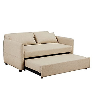 Melpomene Loveseat Sleeper Faux Leather Couch w/Pull-Out Bed and Adjustable Back, 57.1" Modern Convertible Sofa Bed w/ 2 Side Pockets and 2 Pillows (Khaki)