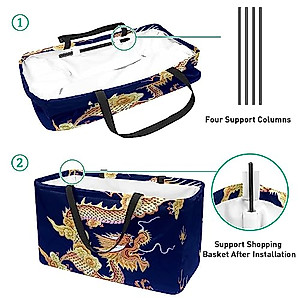 KQNZT Reusable Grocery Bags, Large Foldable Reusable Shopping Tote Bags Bulk for Groceries, Waterproof Kitchen Cloth Produce Bags with Long Handles, Traditional Art Dragon