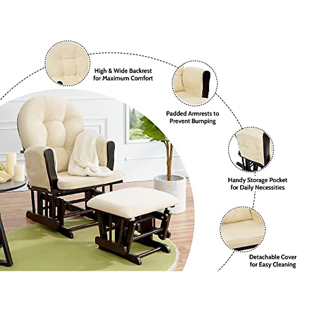 Brisbane Nursery Glider & Ottoman Sets, Swivel Glider Recliner Nursery Rocking Chair, Nursery Glider Rocker with Ottoman, Reclining Gliders & Chairs for Breastfeeding, Reading, Napping, Espresso/Cream