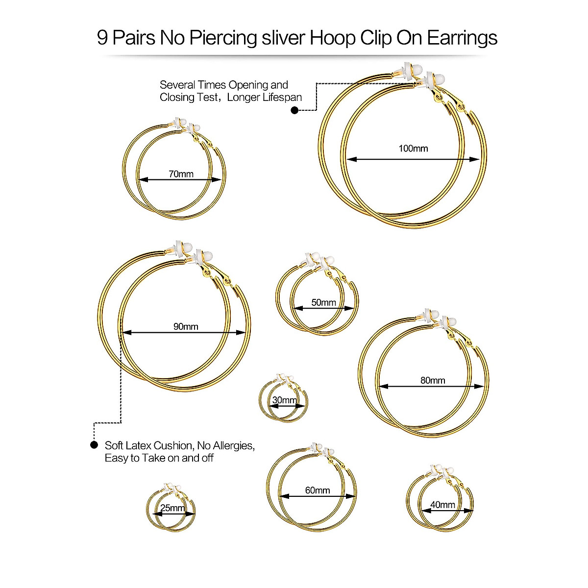 Sumind 6 Pairs Clip on Hoop Earrings Hoop Gold Earrings Non Piercing Earrings Set for Women, 6 Sizes