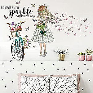 Prabahdak DIY Fairy Girl Bicycle Wall Stickers Flower Butterflies Wall Decals Removable Sparkle Girl Vinyl Wall Art for Girls Baby Nursery Bedroom Living Room
