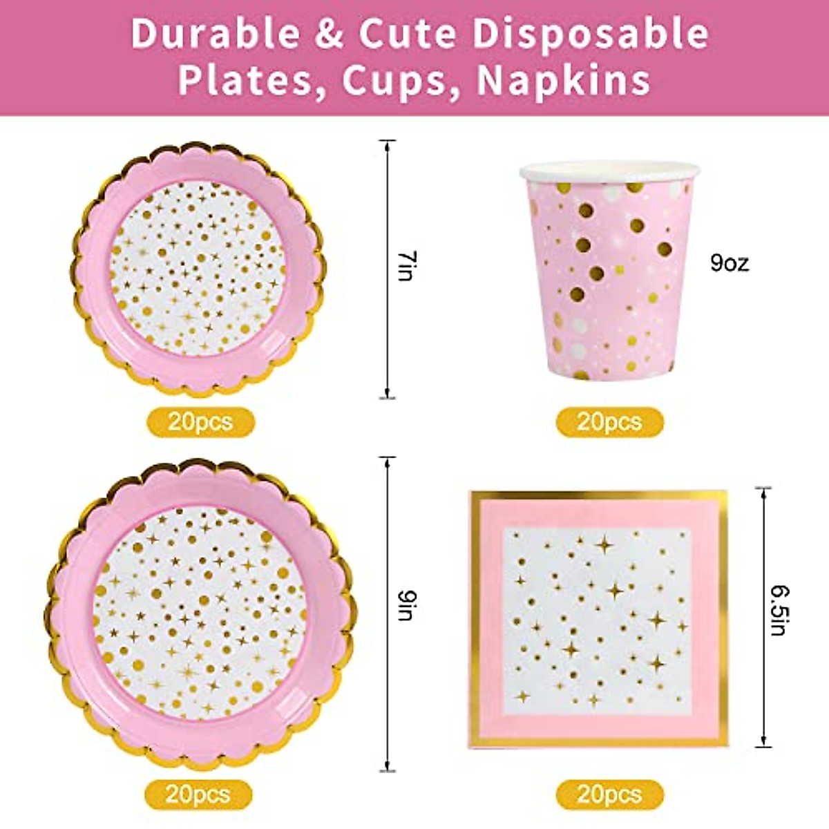 Pink and Gold Disposable Party Dinnerware Set, 20 Guest -141PCS with Paper Plates, Napkins, 9oz Cups, Plastic Silverware(Forks, Knives, Spoon), and Tablecloths, Party Supplies for Birthday Decoration