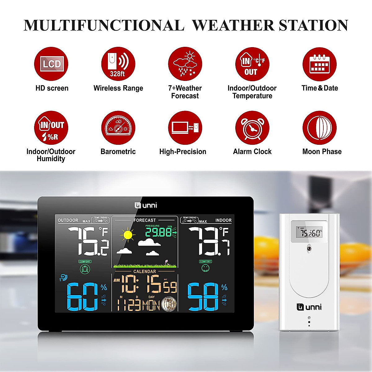 U UNNI Weather Station Wireless Indoor Outdoor Thermometer Inside Outside Temperature Humidity with Calendar and Adjustable Backlight