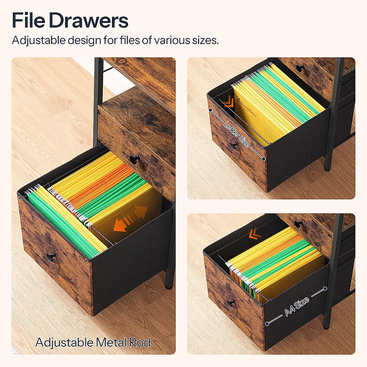 HOOBRO Computer Desk with Fabric File Drawers, 47" Office Desk with Power Outlet, Writing Desk with Side Pocket, for Home Office, Living Room, Easy to Assemble, Rustic Brown and Black BF10UDN01