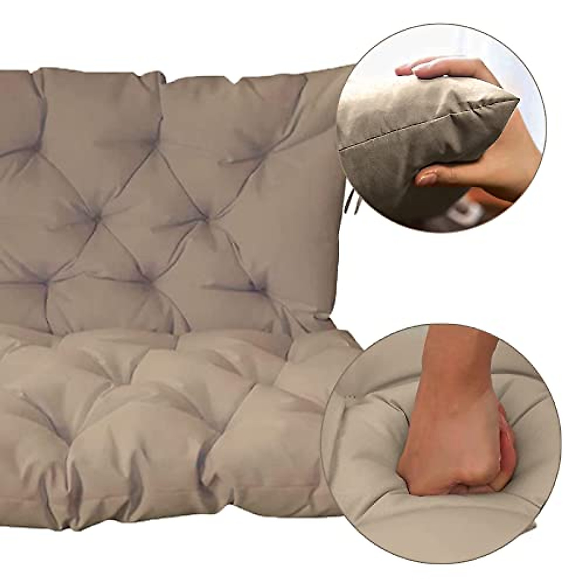 Bifqioy Porch Swing Cushion with Backrest and Ties 4'' Thicken Waterproof Swing Chair Seat Pad 2-3 Seater Patio Bench Replacement Cushion for Outdoor Garden Furniture (Khaki,60 * 40in)