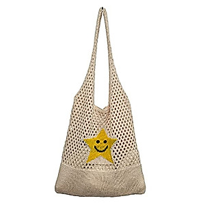 Women Y2K Hobo Bag Trendy Star Pattern Knitted Shoulder Bags Hollow Out Tote Bag Aesthetic Casual Beach Bag (Apricot)