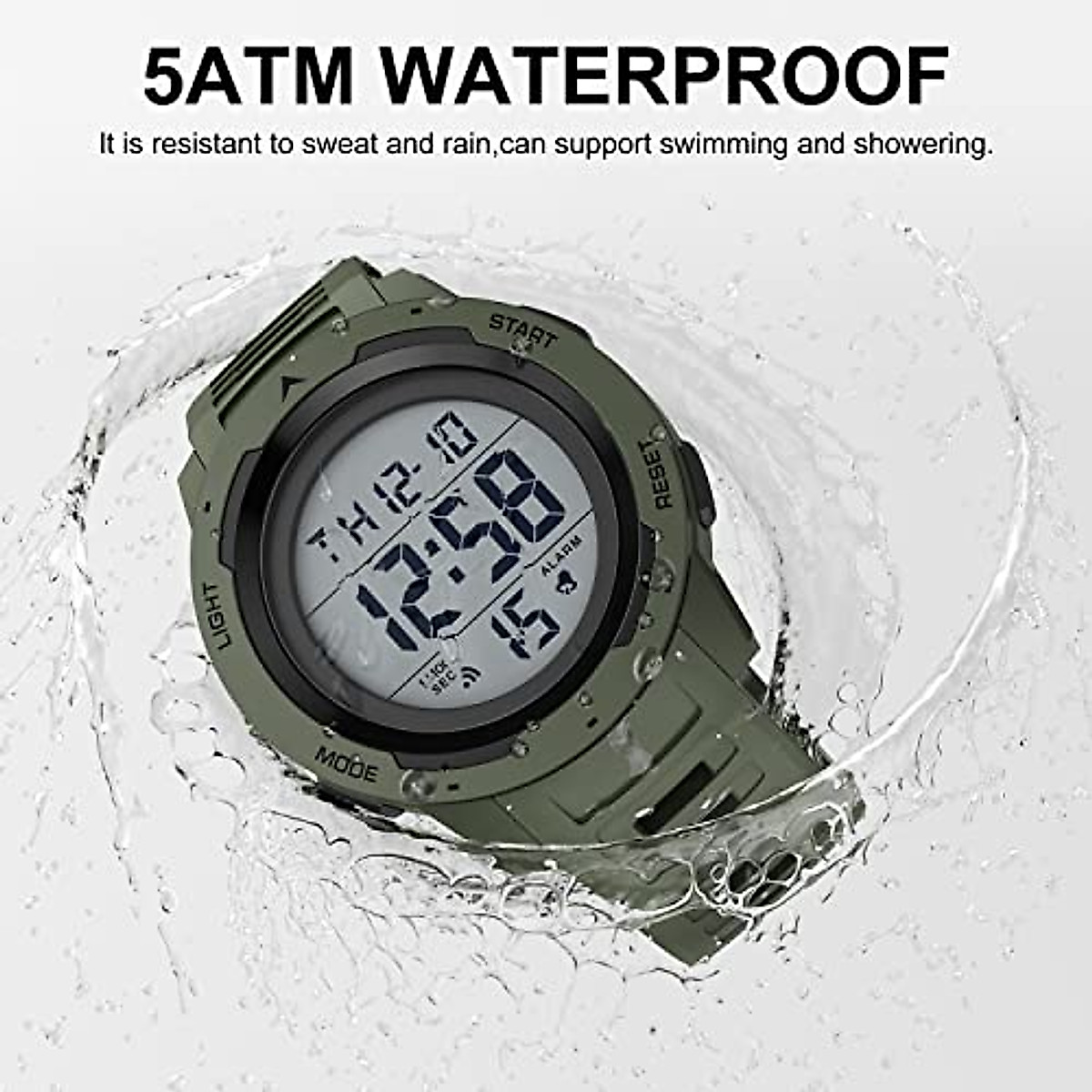 GOLDEN HOUR Mens Waterproof Digital Sport Watches Wide Screen Easy Read Display Military Style with Green Rubber Strap