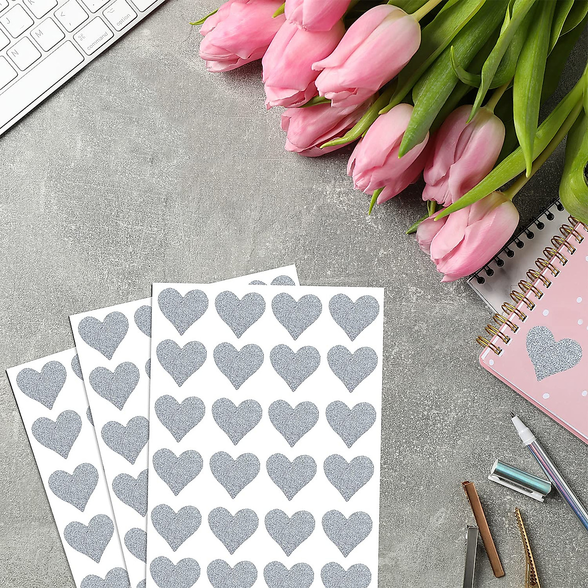 Royal Green Glitter Heart Stickers Silver Labels Perfect for Parties, Envelope Seals, Thank You, Party Favor Bags, Treat Bag Seals, and Gift Boxes 1.5" x 1.75" - 144 Pack