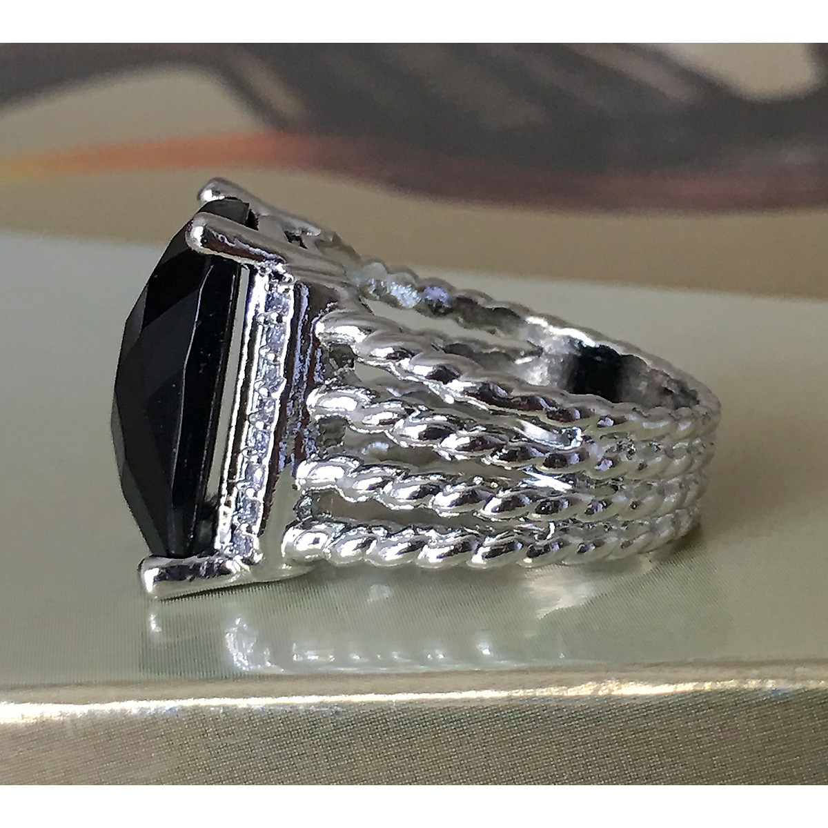 Designer Inspired Twisted Cable 16x12mm Black Onyx Checkerboard Cushion Ring Size 7, 9 (8)