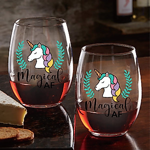 Pishovi Magical AF Wine Glass with Gift Box, Funny Stemless Glass, Gift for Unicorn Lovers, Fairy Funny Bridal Shower Gift, Mother's Day Christmas Birthday Mystery Gift for Mom Sister BFF
