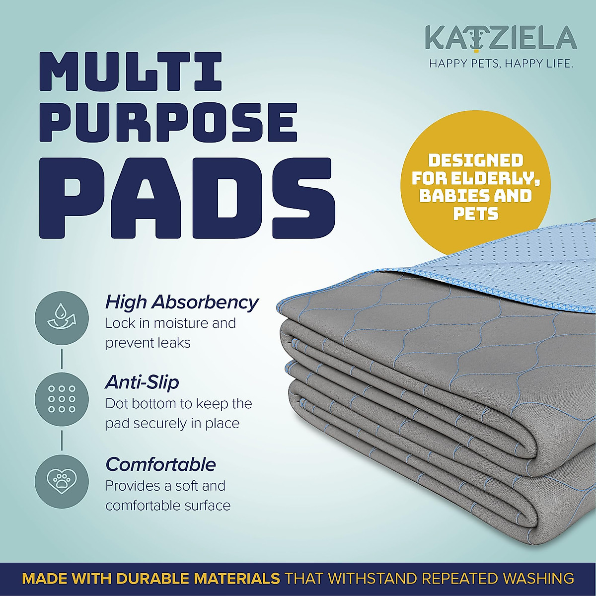 Katziela Washable Pet Pads (2 Pack 18in x 24in) Super Absorbent Waterproof Reusable Dog Pee Pads for Dogs Washable Puppy Pads for Potty Training Housebreaking Washable Pee Pads for Dogs Blue Stitching
