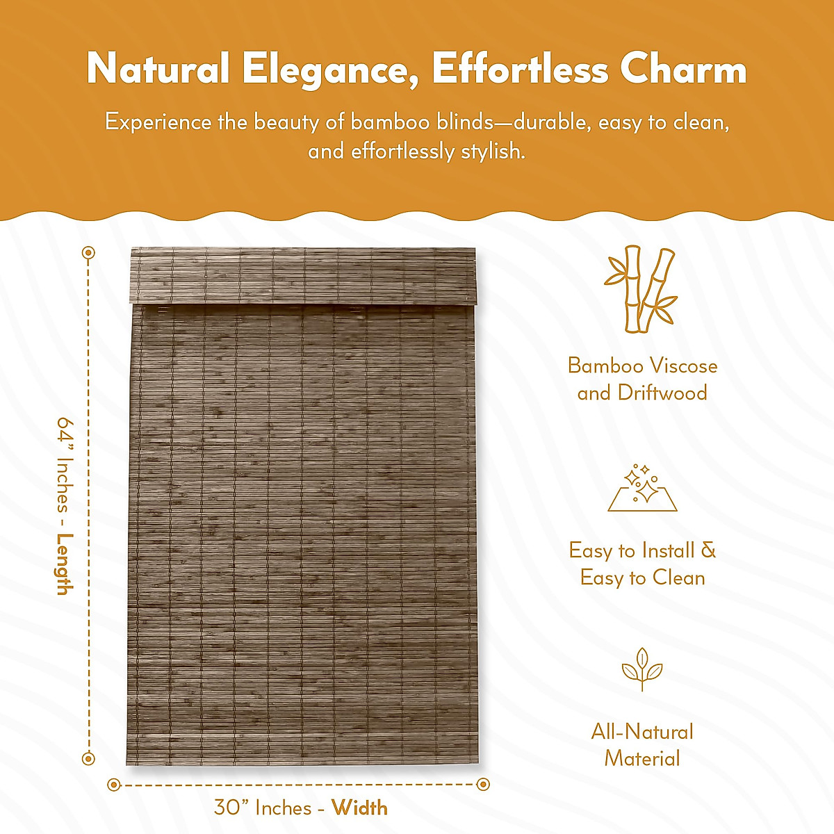 Radiance Cordless Bamboo Roman Shades for Windows - Flatstick Bamboo Blinds for Semi-Private Light Control - Easy to Lift & Fold Up Window Shades - Driftwood - 30 in. W X 64 in. L- (2216606E)