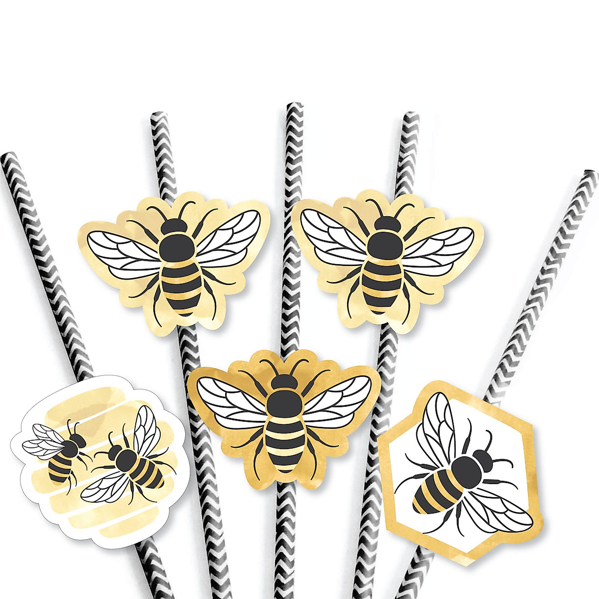 Big Dot of Happiness Little Bumblebee - Paper Straw Decor - Bee Baby Shower or Birthday Party Striped Decorative Straws - Set of 24