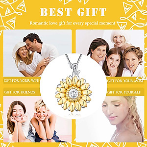 Aniu Graduation Gifts Golden Rotatable Sunshine Sunflower Pendant Necklace for Women, S925 Sterling Silver You Are My Sunshine Jewelry with 5A Cubic Zirconia (Gold) (White)