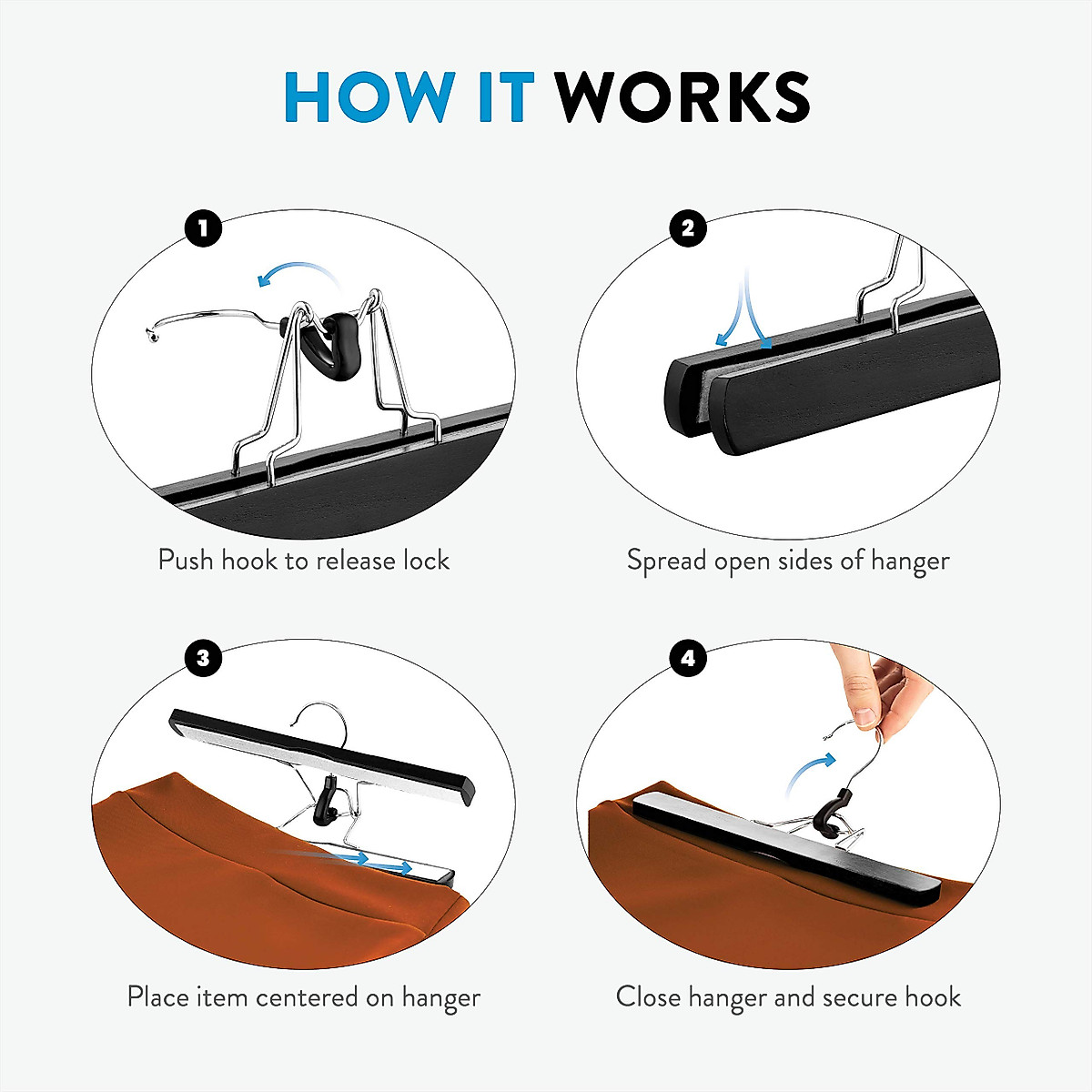 ZOBER High-Grade Smooth Finish Non Slip Wooden Cloth Hangers with Clips for Skirts, Slacks - 360° Swivel Hook - (10 Pack)