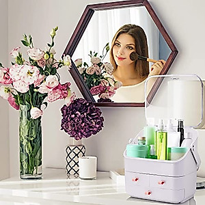 Elavain Cosmetics Organizer Countertop Makeup Holder, Plastic Caddy Skincare Organizers and Storage, Bathroom Shelf Organizer w/ Portable Handle, Lid made of Waterproof & Dustproof Acrylic Fully Open