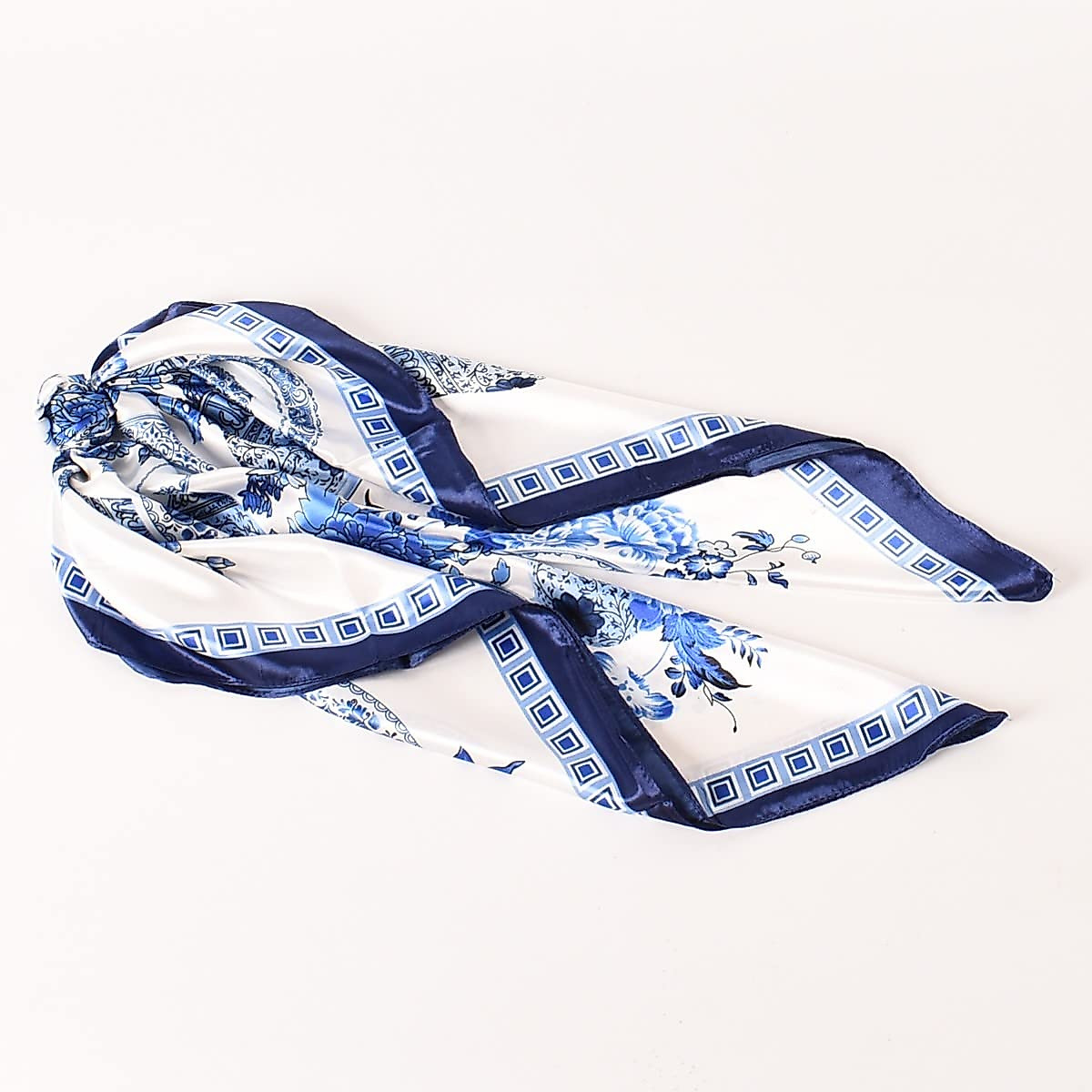 EIysee 35 x 35 Women's Fashion Pattern Large Square Silk Like Hair Scarf Head Sleeping Wrap Satin Neck Bandana for Gift (Blue and white porcelain-navy blue)…