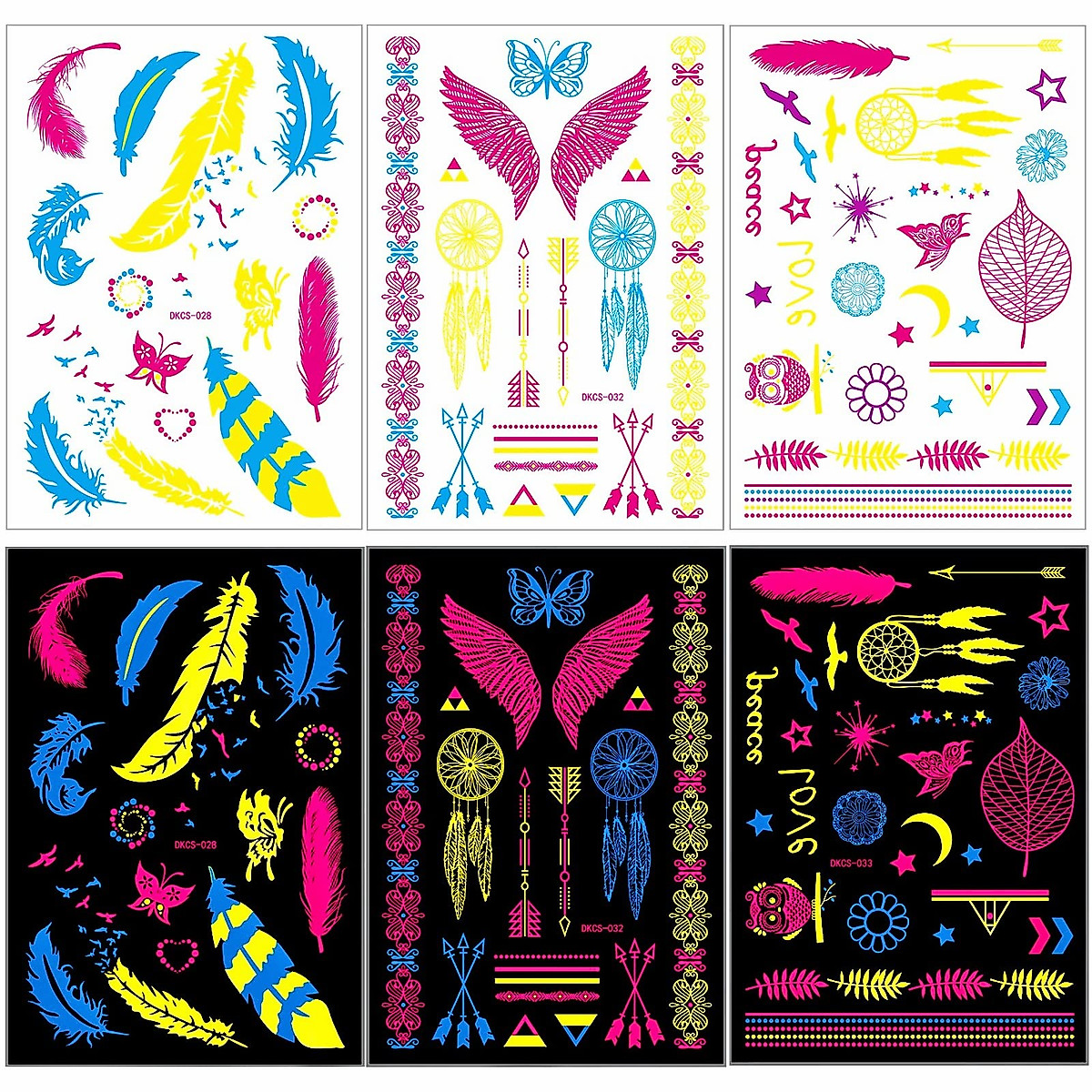 8 Large Sheets Neon Temporary Tattoos Glow In The Dark Neon Tattoos for Party Decoration Fake Tattoos UV Blacklight for Adults Kids Birthday Party Decoration