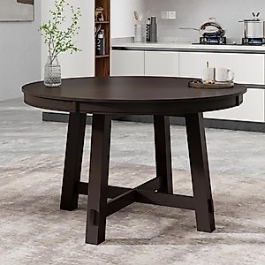 P PURLOVE Round Dining Table, Farmhouse Round Extendable Dining Table with 16" Leaf Wood Kitchen Table (Espresso)