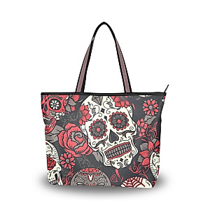 Womens Skull Tote Bag Top Handle Ladies Halloween Handbag Sugar Skull Purses and Handbags