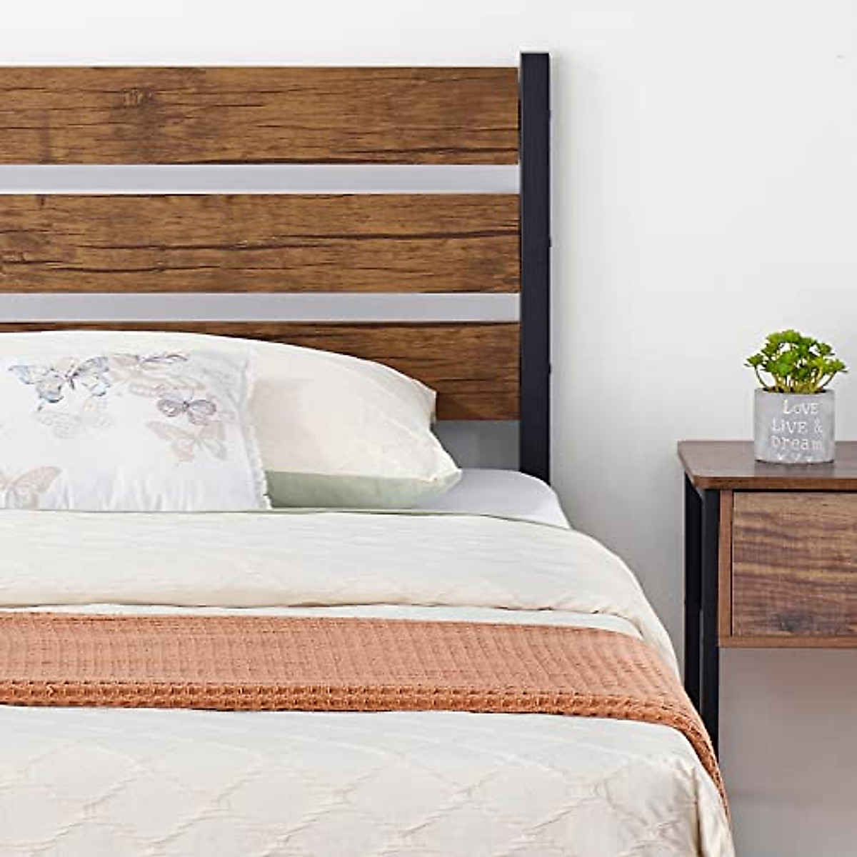 Alkmaar Bed Frame with Wood Headboard and Metal Slats Support Platform Bed Frame with Storage No Box Spring Needed (Twin)