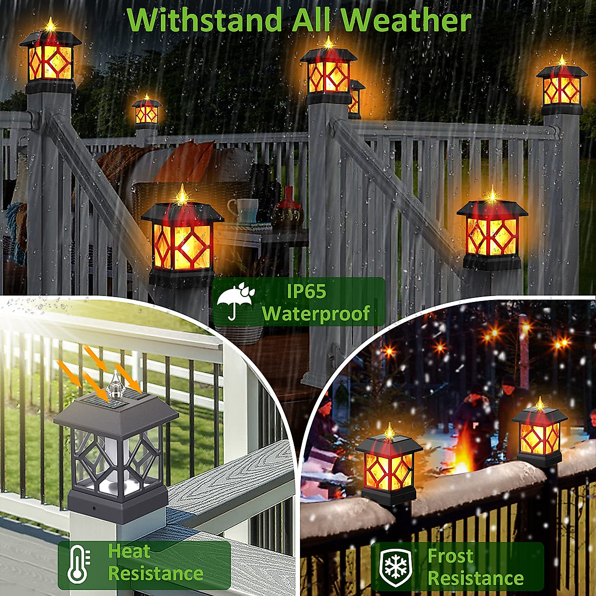 Solar Post Deck Flame Light,Outdoor Dual-Floor Waterproof Solar Post Cap LED Light,4x4 5x5 6x6 3.5X3.5 Fence Post Top Outside Flickering Light Dusk to Dawn for Garden