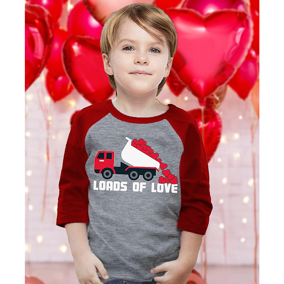 Truck with Hearts Loads of Love Boys Valentines Day Shirt Dabbing Heart Valentine's Toddler Kids Raglan 3/4 Sleeve T-Shirt 3T Red