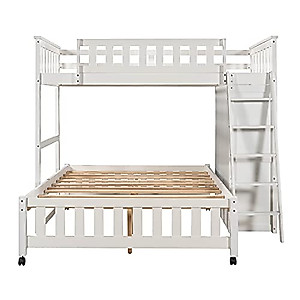 VilroCaz Wooden Twin Over Full Bunk Bed with 6 Drawers and Adjustable Shelves, L-Shape Full Platform Bed with Wheel, Modern Bunk Bed Frame with Ladders and Full Guardrails (White)