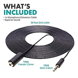 Movo PM10EC6 3.5mm Mic Extension Cord 20 Ft - Male to Female 3.5mm TRRS Microphone Extension Cable - Aux Cord for iPhone, Android Mic Cord TRRS Extension Cable for Lav Mics