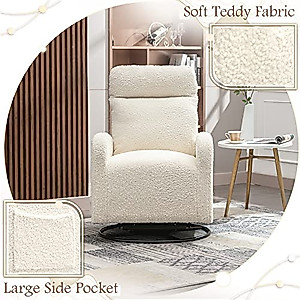 KINFFICT Modern Swivel Glider Chair, Upholstered Accent Glider Rocker for Baby Nursery, Comfy Tall Back Rocking Armchair with Side Pocket and Headrest for Living Room, Bedroom, White Teddy Fabric