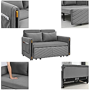 54" Pull Out Couch for Living Room, Convertible Sofa Bed with 2 Detachable Arm Pockets and Velvet Loveseat Multi-position Adjustable Sofa with Bedhead and 2 Pillows for Bedroom, Movie Room - Grey