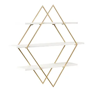 Kate and Laurel Daxton Modern Wood and Metal Diamond Wall Shelf, 31 x 8 x 31, White and Gold, Glam Geometric Wall Organization for Bathroom Storage or Living Room Display