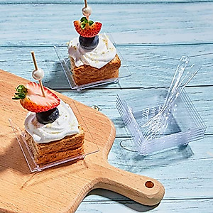 Zezzxu 100 Pack 1 oz Mini Dessert Plates with Spoons Reusable Plastic Appetizer Trays Square Small Party Serving Bowls for Trifle, Cheesecake, Chocolate Truffles, Ice cream