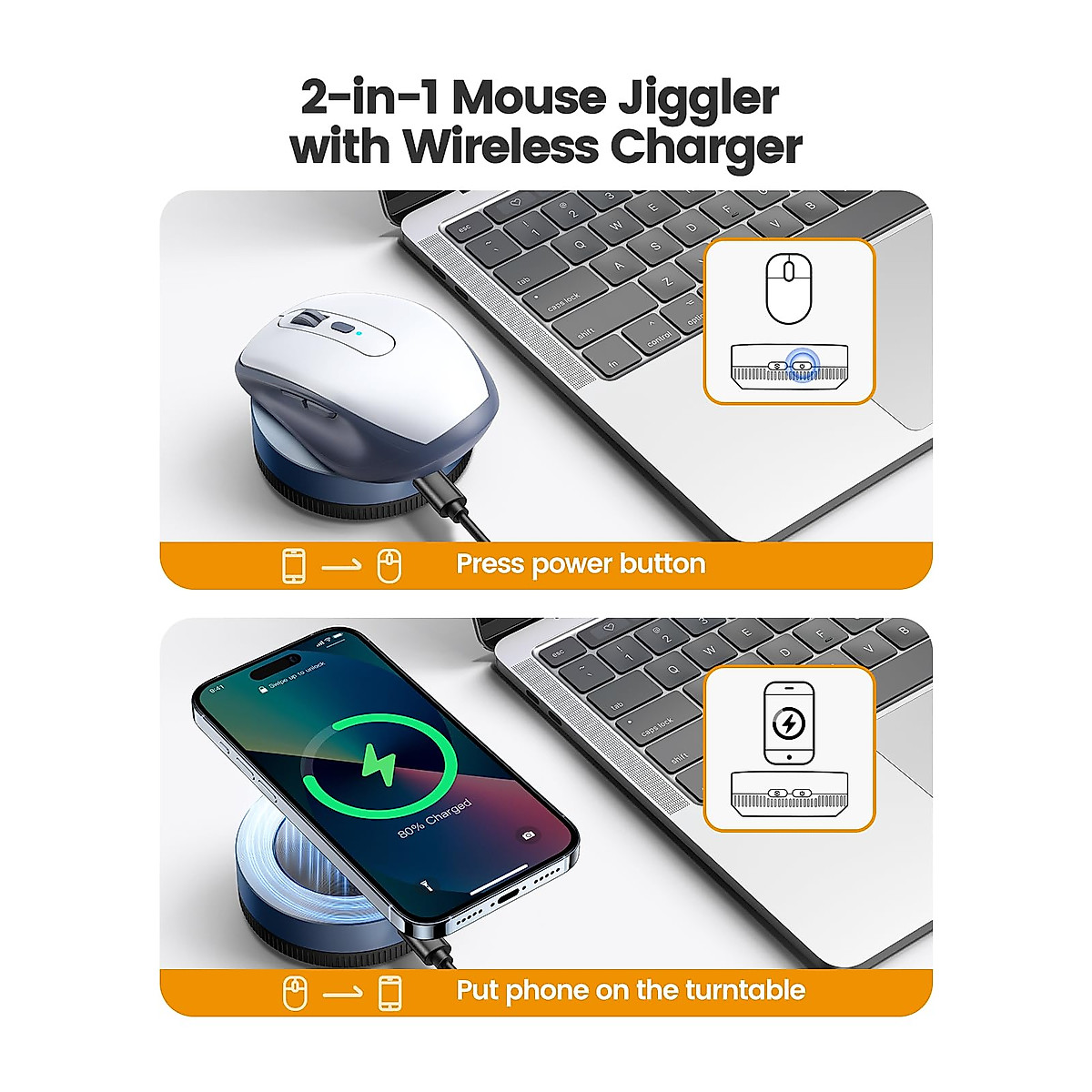 STARSIKI 2-in-1 Mouse Jiggler and Wireless Charger, Mouse Mover Undetectable Device Automatic Phone Charging Pad, Quiet Mice Shaker Wiggler Giggler Juggler to Keep Moving for Office/Work from Home