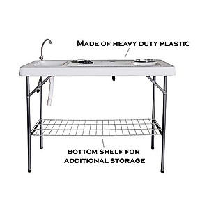 Old Cedar Outfitters Deluxe Fish Fillet Table, or Portable Folding Camping Kitchen with Cutting Board, Bowls, Knife, Odor Bar, Sink, Drain and More! 49.8" x 25.6" x 37.2", White,Camp