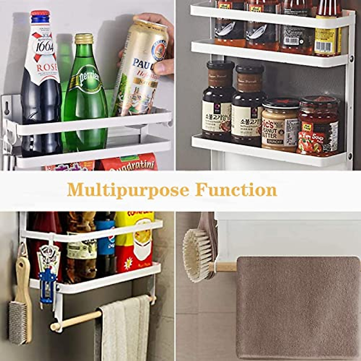 Couah Magnetic Spice Rack , Magnetic Paper Towel Holder Kitchen with 2-Tier Magnetic Shelf and 1 Paper Towel Roll Holders for Magnetic Spice Rack for Refrigerator -White
