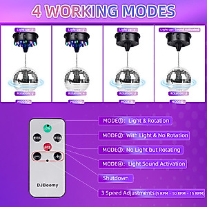 DJBoomy Rotating Disco Ball Motor Light with Remote: 3-Speed Adjustable Mirror Ball Spinner Plug in or Battery Operated - 18RGBW Led Light Up 4 6 8 12 inch Party Disco Balls Rotator
