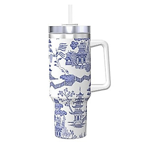 Xiexide 40oz Rustproof Hiking Tower Spring Chinese Folk Chinoiserie Style Double Walled Vacuum Insulatedith Handle And Straw,Hot & Cold Drinks