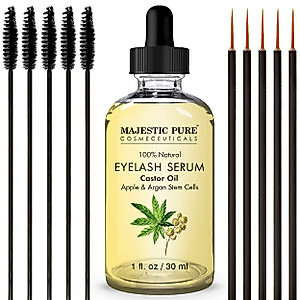 Majestic Pure Castor Oil Eyelash Serum - with Apple & Argan Stem Cells - Eyelash Growth Serum for longer thicker Eyelashes, Eyebrows & Hair - Free Set of Mascara Brush & Eyeliner Applicator - 1 fl oz