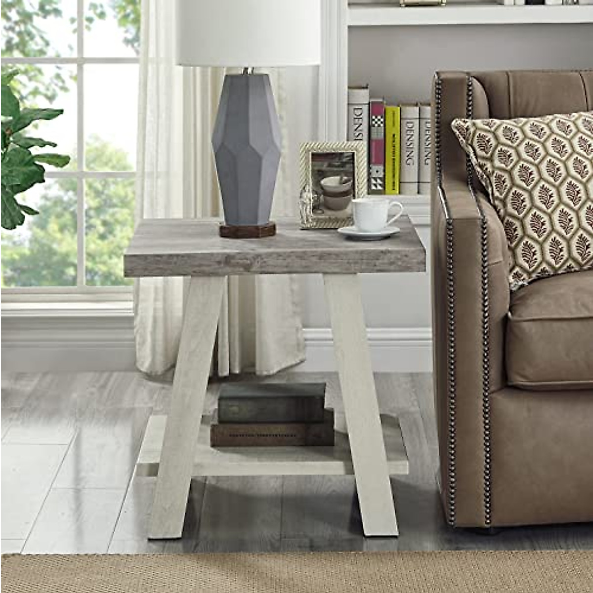Roundhill Furniture Athens Contemporary Two-Tone Wood Shelf End Table, Weathered Gray and Beige
