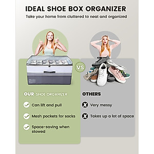 Opvener 24 Pairs Shoe Organizer for Closet, Sandal Storage Organizer, Large Foldable Shoe Storage Boxes Bin Container With Dividers, Handles, Mesh Pocket, Small Space Fabric Shoe Organizer Cubby Grey