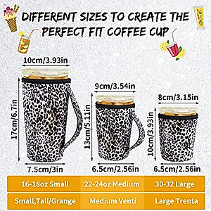 TIESOME Reusable Iced Coffee Sleeves, Leopard Print 3 Pieces Neoprene Cup Sleeve Coffee Cup Holder for Iced & Hot Drinks Beverages Sleeve for Most Coffee S+M+L 3 Size