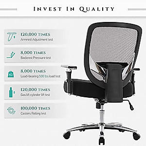 Big and Tall Office Chair 500lbs, Heavy Duty Ergonomic Mesh Chair, Computer Executive Desk Chair with Wide Thick Seat, 4D Armrests, Adjustable Lumbar Support and Tilt-Black