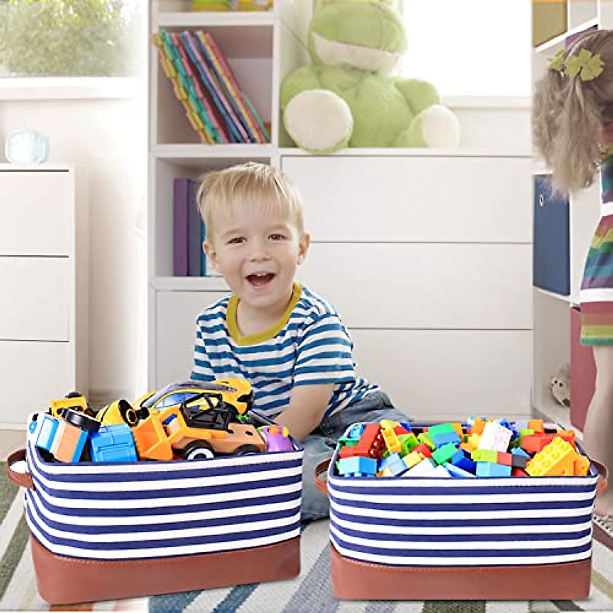 Foldable Storage Bin | Collapsible Sturdy Fabric Storage Basket Cube W/Handles for Organizing Shelf Nursery Toy Closet (BLUE STRIPS, 11.5"+13"+16")