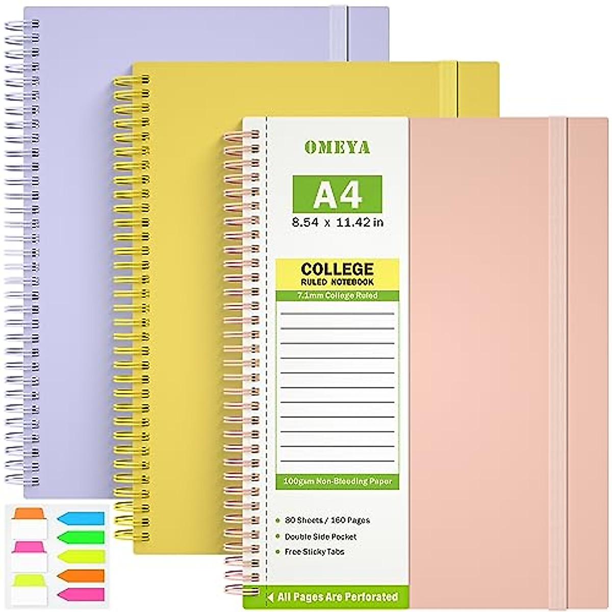 3 Pack Spiral Notebook 8.5" x 11", 1 Subject Notebook College Ruled with Pockets, Large Lined Spiral Journal Notebook, 480 Perforated Pages 100gsm Thick Paper,Cute Notebook for Office School Supplies