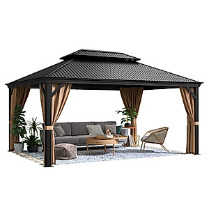 Flamaker Hardtop Gazebo Aluminum Frame Outdoor Gazebo with Privacy Curtains and Gauze Mesh Sunshade Pavilion Double Roof Canopy for Patio, Deck, Poolside (Aluminum Roof, 12' x 16')
