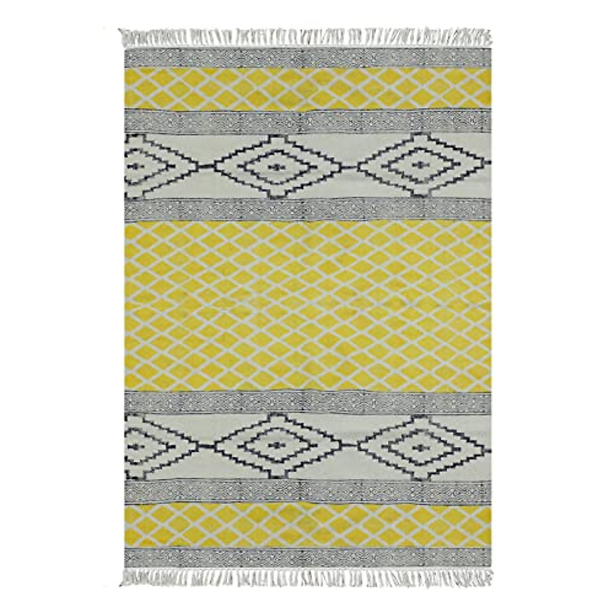 Casavani Hand Made Cotton Dhurrie Geometric Yellow & Black Tassel Rug Easy Care Washable Rugs for Doormat Entryway Living Room Bedroom Hallway Balcony 8x10 Feet
